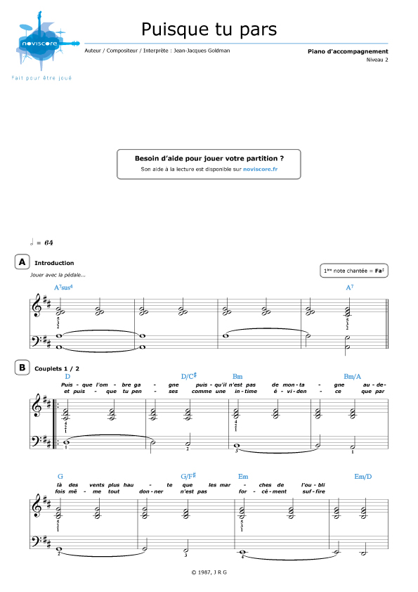 Piano sheet music Puisque tu pars (Jean-Jacques Goldman) | Noviscore sheets Piano sheet music Puisque tu pars (Jean-Jacques Goldman) | Noviscore sheets